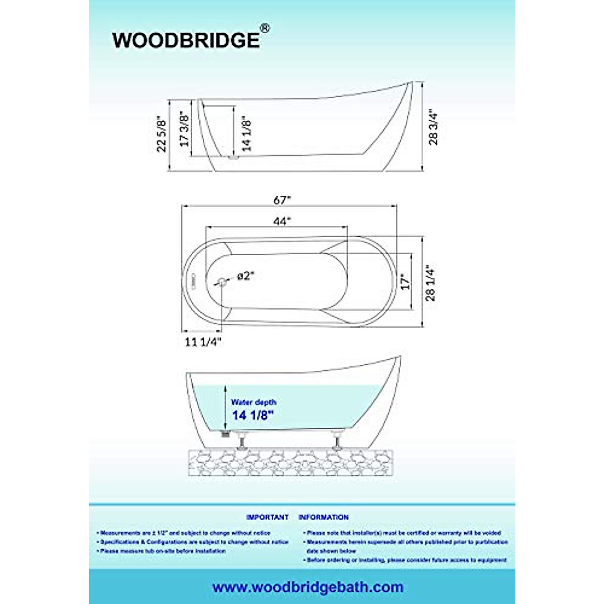 WOODBRIDGE 67"Freestanding White Acylic Soaking Bathtub with White Pillow,Drain and Overflow in Brushed Gold,BTA1508 -BG-Drain &O+ Pillow