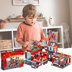 QLT QIAOLETONG City Fire Station Building Kit, 774 Pcs Building Set Including Fire Station, Fire Truck, Fire Helicopter,Fire Fighter, City Building Blocks STEM Toys Gift for Boys 6-10 Years Old.