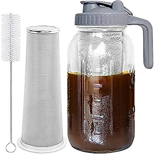 Cold Brew Coffee Maker Jar - 64oz Thick Glass Multipurpose Mason Pitcher Spout Lid with Handle & Stainless Steel Filter for Iced Brew Coffee, Lemonade, Ice Tea, Homemade Fruit Drinks Container