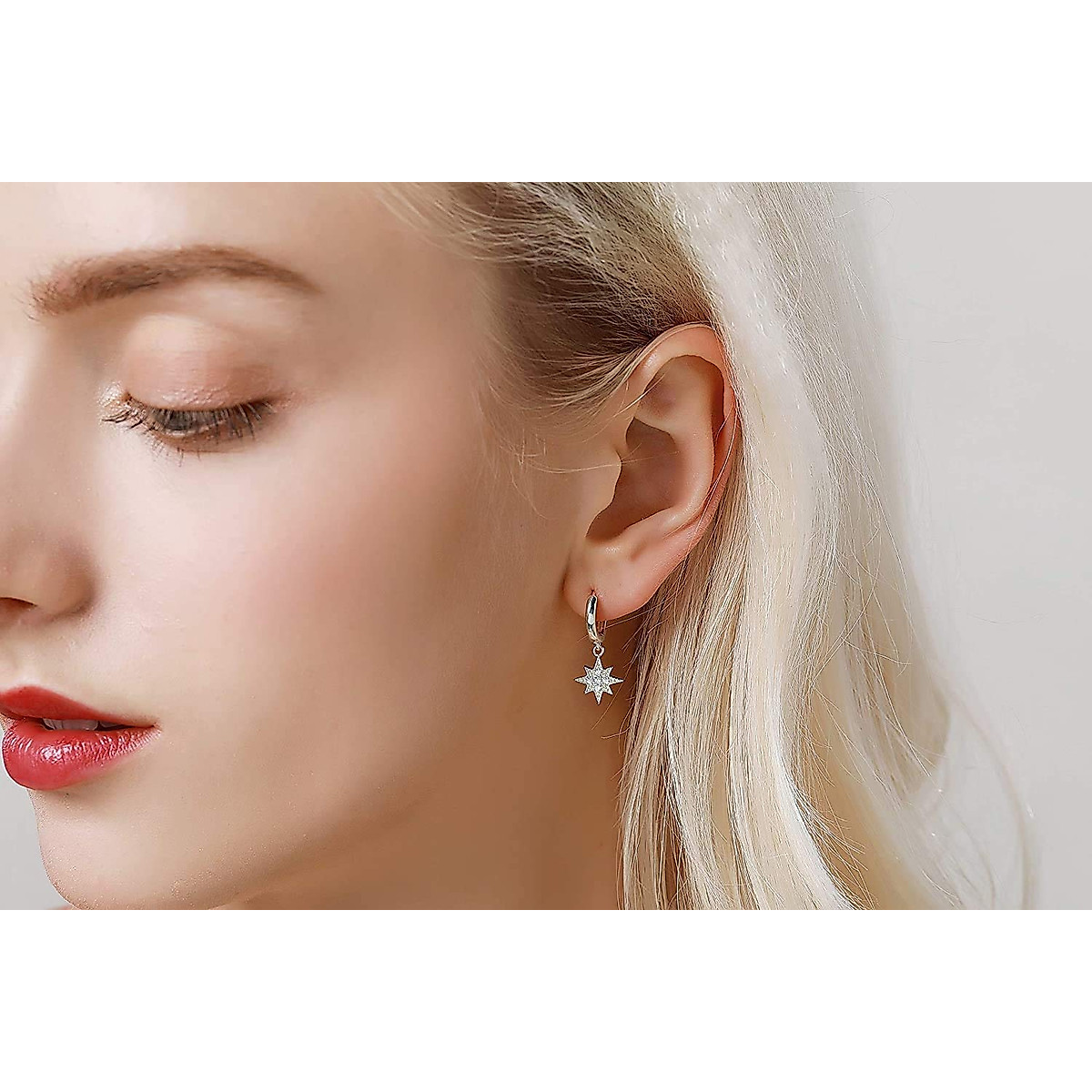 Milacolato 2Pairs 925 Sterling Silver Huggie Hoop Earrings 18K White Gold Plated Small Dangle Earrings with Cubic Zirconia Moon Star Hypaollergenic Drop Hoop Earrings for Women-2 Pairs Moon Star