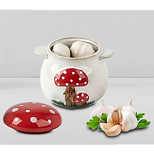 dgudgu Mushroom Garlic Keeper With Ceramic Container for Counter - Red Garlic Holder and Saver