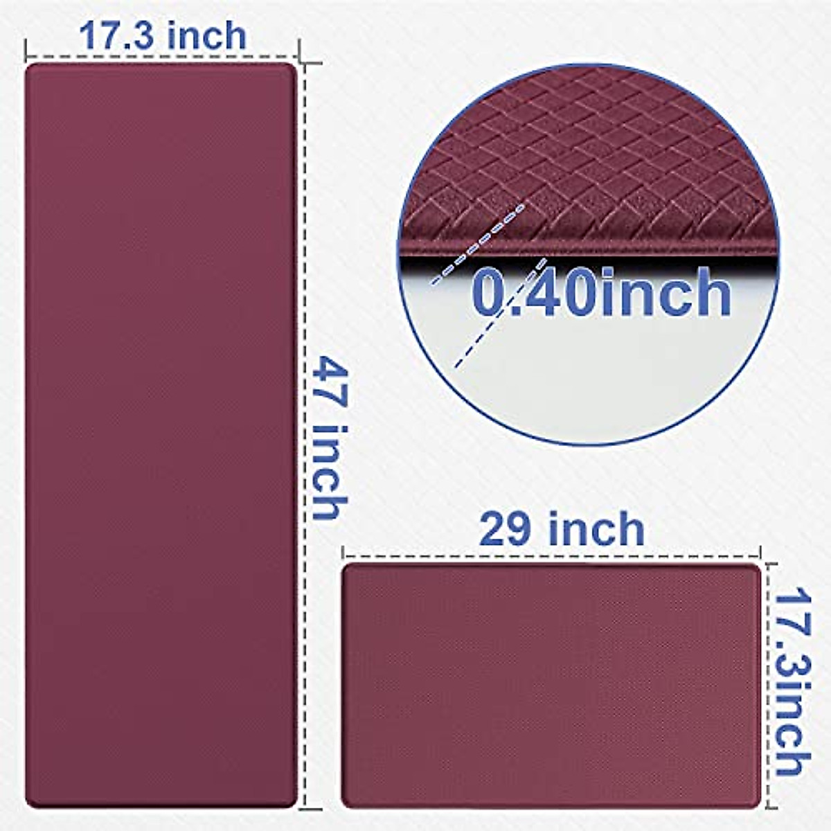 Abilliongo Kitchen Floor Mats Kitchen Rug Set 2 Piece, Soft Cushioned Anti Fatigue Kitchen Mats, 2/5Inch Thick Waterproof Non Slip Memory Foam Standing Rug Set of 17.3" x29+17.3"x47", Red