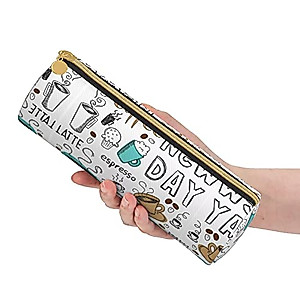 ASEELO Delicious Coffee Pencil Case Pencil Pouch Black Pencil Bag PU Leather Pen Case Big Capacity Pencil Case,for Pens, Markers, Makeups, Change, Coins