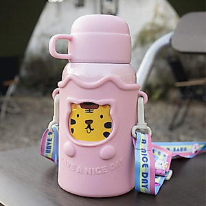 17 oz Kids Insulated Water Bottles with Sleeve - BPA Free Leakproof Sport stainless steel Motivational Water Bottle with Straw & Strap & Insulated Neoprene Holder Great Gift for Kids Women Men (Pink)