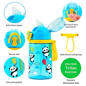 Home Tune 2 Pack Cute Water Bottles with Straw for Kids Girls Boys, BPA FREE Tritan & Leak Proof & Secure Lock & Soft Carry Loop, 14oz / 400ml (Airplane & Panda)