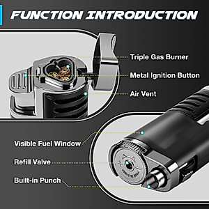 LcFun Butane Lighter 1 Pack Triple Jet Flame Torch Lighters Butane Refillable Gas Lighter Adjustable Windproof Pocket Lighter with Gift Box for Men and Women-Butane Not Included (1 Pack Black)