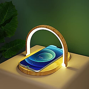 Table Lamp with Wireless Charger, 3 in 1 LED Bedside Night Light Phone Kickstand Foldable 15W Quick Wireless Charger for iPhone Samsung Huawei, Dimmable Desk Lamp for Bedroom, Office-Wood