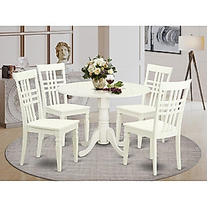 East West Furniture DLLG5-LWH-W 5 Piece Dining Room Furniture Set Includes a Round Dining Table with Dropleaf and 4 Wood Seat Chairs, 42x42 Inch, Linen White