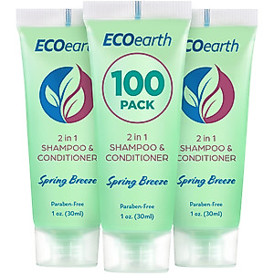 EcoEarth Travel Size Shampoo Conditioner 2-in-1 (1 fl oz, 100 PK, Spring Breeze) Delight Your Guests w/Revitalizing & Refreshing Conditioning Shampoo Amenities, Small Size Hotel Toiletries in Bulk