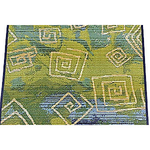 Unique Loom Modern Collection Abstract, Geometric, Spirals, Vintage, Indoor and Outdoor Area Rug, 2' 0" x 6' 0", Navy Blue/Green