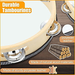 Reginary 8 Pcs Tambourine for Adults Handheld Wood Tambourine 4 Size Single Row Metal Jingles Tambourine Musical Educational Tambourine Gift Rhythm Percussion Instrument for Church Party KTV (Natural)