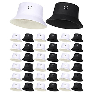 Xtinmee 36 Pcs Bucket Hats Bulk for Men Women White and Black Bucket Hats Unisex Summer Outdoor Travel Sun Hat Smiling Face Cute Cotton Cap Beach Fishing Hat for Teens Boys Fisherman