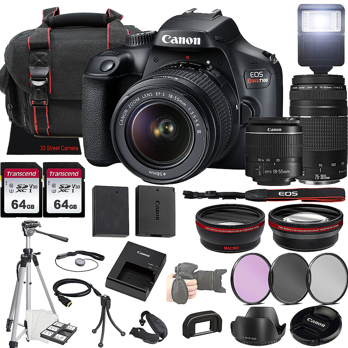 Canon EOS Rebel T100 DSLR Camera w/EF-S 18-55mm f/3.5-5.6 III Lens + EF 75-300mm f/4-5.6 III Lens + 2X 64GB Memory + Case + Filters + Tripod + More (35pc Bundle)