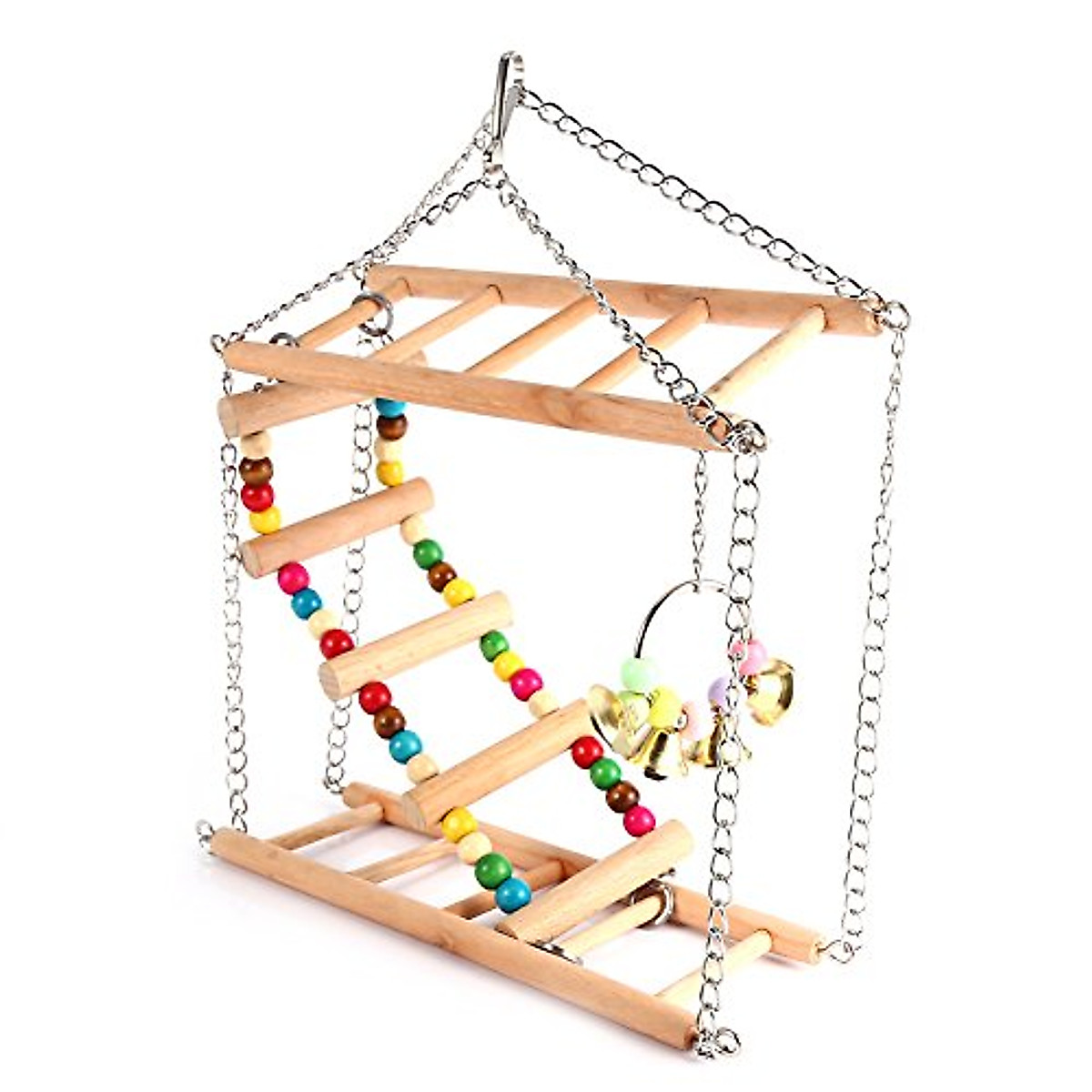 Ladder Bird Toy, Wooden Rainbow Bridge Steps Stairs Climbing Swing Double-Layer Toys for Pet Hamster Parakeet Budgie Cockatiel Trainning