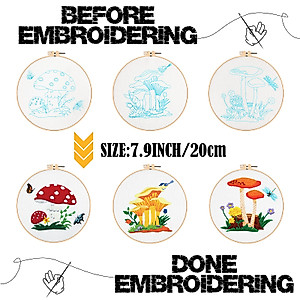 5 Sets Embroidery Starter Kit with Patterns and Instructions Mushroom Cross Stitch Set for Beginners DIY Adult Kids Beginner Cross Stitch Set with Mushroom Pattern Embroidery Hoops Needles Threads