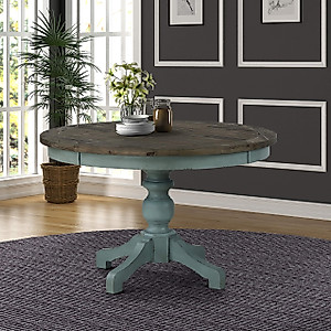 Roundhill Furniture Prato 5-Piece Round Dining Table Set with Cross Back Chairs, Antique Blue and Weathered Walnut