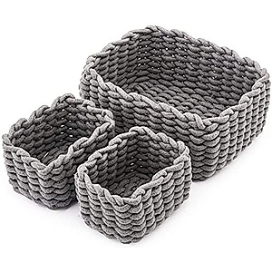 EZOWare Set of 3 Soft Woven Cotton Rope Nursery Room Baskets Bins Storage Organizer, Perfect for Decorative kids Baby Room, Toys Small Items - Gray