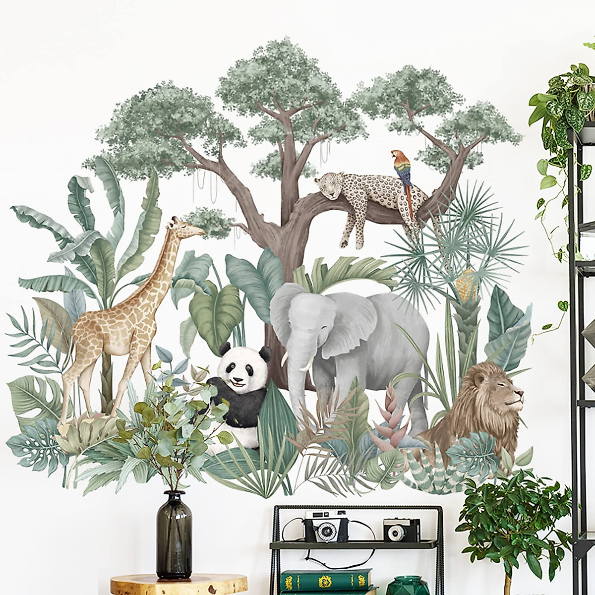 Tropical Green Plant Jungle Animal Wall Stickers, Removable Large Tree Vinyl Wallpaper Decal, DIY Art Murals for Kids Bedroom Nursery Home Decor (A)