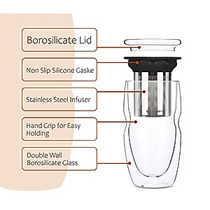 BTAT- Double Wall Glass Tea Cup With Stainless Steel Infuser, 500ml 16oz Glass, Tea Cup with Lid, Tea Infuser Cup, Tea Cup with Filter, Tea Cup with Infuser, Tea Gifts for Tea Lover, Mother's Day Gift