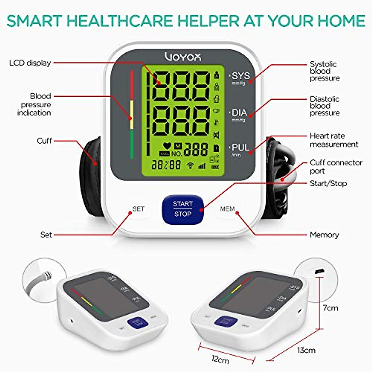 VOYOR Automatic Blood Pressure Monitor Cuff Upper Arm Blood Pressure Machines for Home Use with Heart Rate Monitor 240 Sets Memory LCD Display BP100
