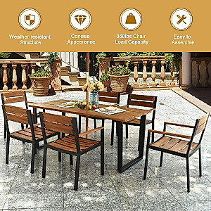HAPPYGRILL 7 Piece Patio Dining Set Outdoor Dining Furniture with 6 Armchair Heavy Duty Steel Frame Acacia Wood Table Top Umbrella Hole Patio Furniture Set for Backyard Garden Poolside