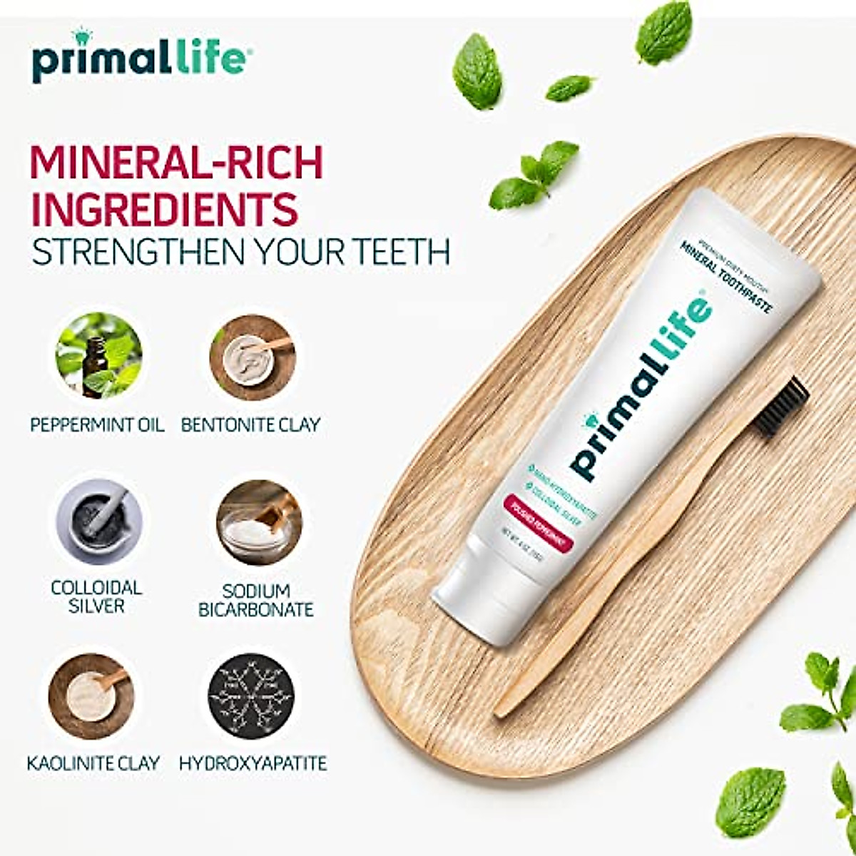 Primal Life Organics - Dirty Mouth Natural Alkalizing Toothpaste, Hydroxyapatite, Flavored Essential Oils, Natural Kaolin, Bentonite Clay, Colloidal Silver, Organic, Vegan (Peppermint Flavor, 4oz)