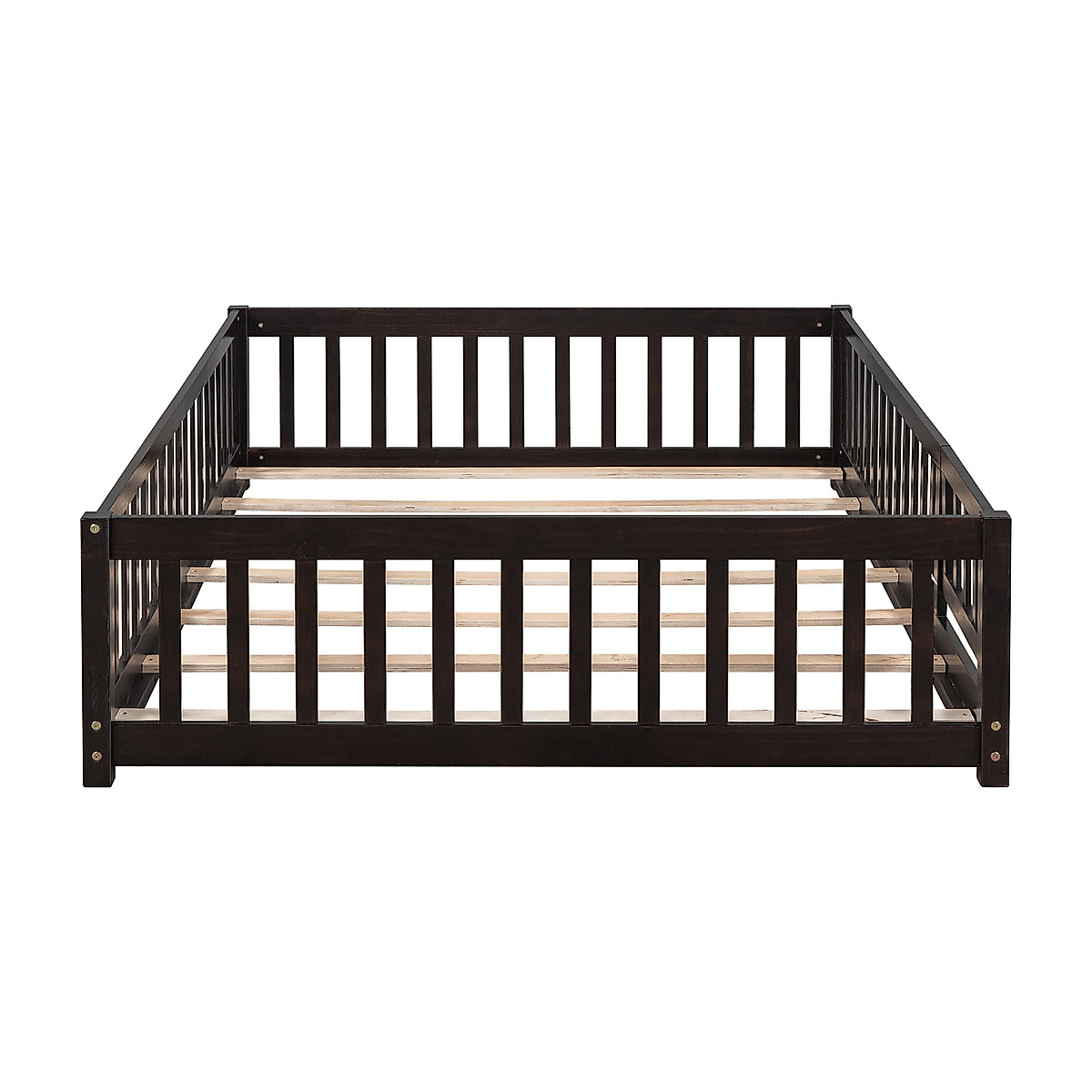 PVWIIK Full Size Montessori Floor Bed Frame with Convertible Door & Wood Slats for Kids,Wood Montessori Bed with Safety Guardrails for Girls & Boys,Espresso