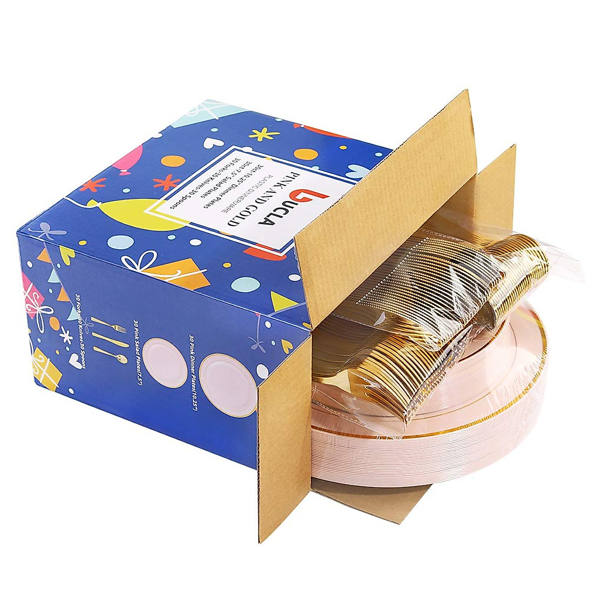 BUCLA 150PCS Pink Plastic Plates With Gold Rim - Pink Plates with Gold Plastic Silverware -Pink Disposable Plates for Easter Party, Bridal Shower, Mother’s Day and wedding