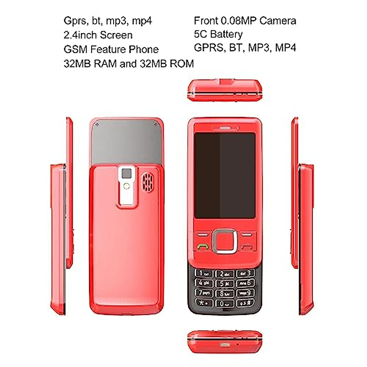 Unlocked Slider Phone, 2G GSM 1200mAh Battery Loud Voice Big Button Dual Card Senior Cell Phone for Elderly Kids Unlocked Mobile Phone Flip Cell Phone for Seniors (Red)
