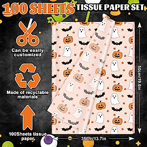 JarThenaAMCS 100 Sheets Halloween Tissue Paper Cute Pumpkin Ghost Bats Gift Wrapping Paper Orange DIY Art Craft Paper for Halloween Birthday Baby Shower Party Supplies, 13.7 x 19.6 Inch