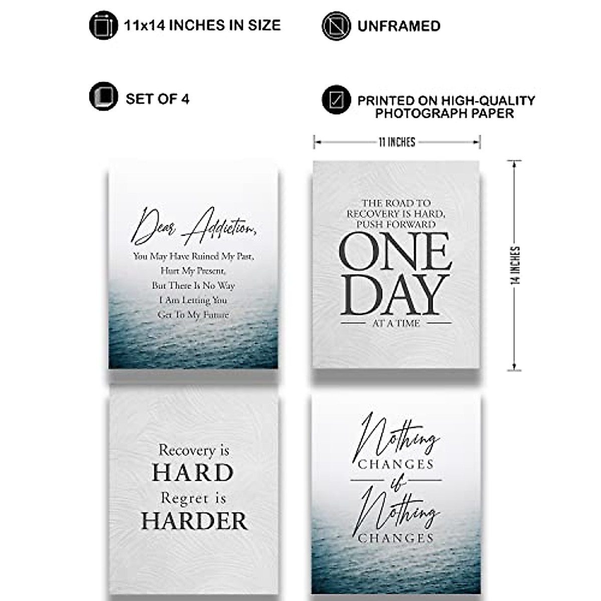 Addiction Recovery Wall Decor - Set of 4 Sobriety Inspirational Wall Art Designs - Sober Encouragement Room Decor - Gifts for women and men - 11x14 unframed print