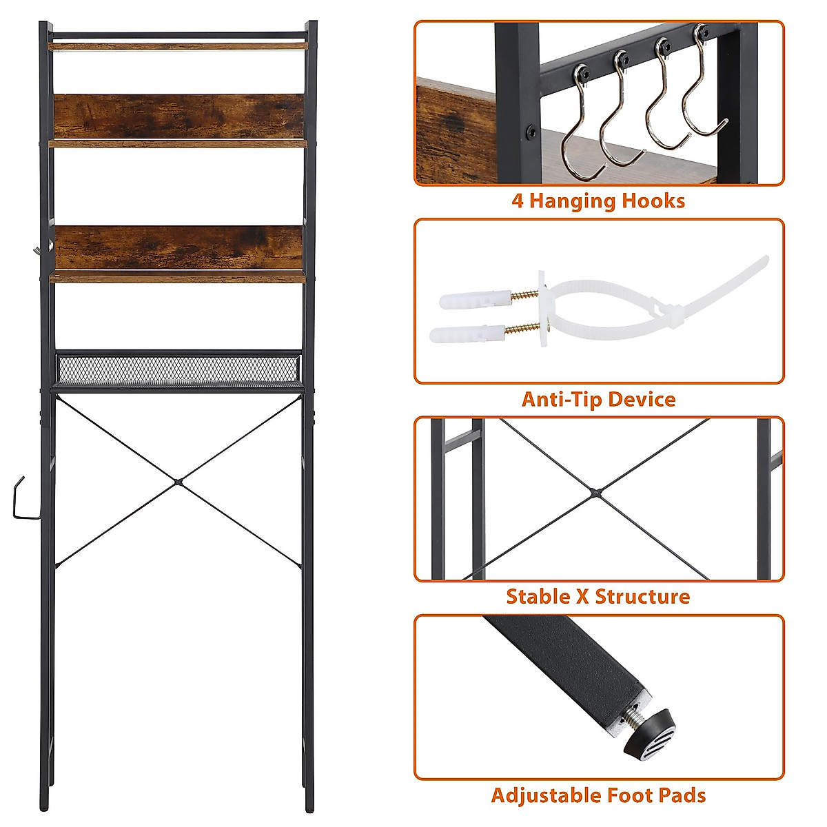 ZENY Over The Toilet Storage, 4-Tier Over Toilet Bathroom Space Saver with Hooks, Over The Toilet Storage Rack, Freestanding Bathroom Organizer, Rustic Brown