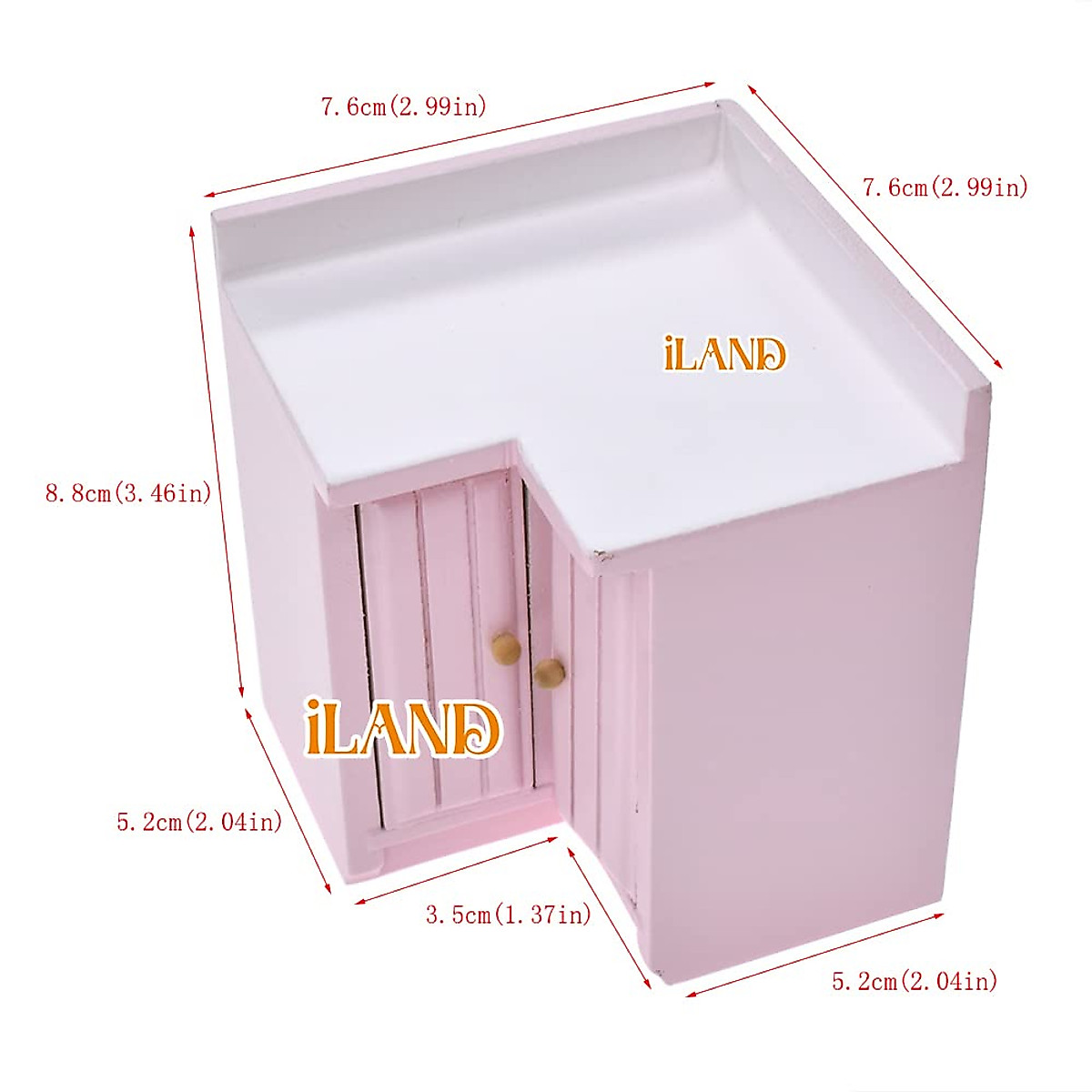 iLAND Wooden Dollhouse Furniture on 1:12 Scale for Miniature Dollhouse Kitchen w/Unit Cabinets, Dollhouse Fridge and Dollhouse Dining Room Furniture(Pretty Pink 11pcs)