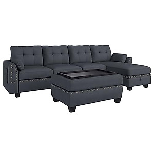 HONBAY Convertible Sectional Sofa Couch Set L-Shape Sofa Couch Set 4 Seat Sofa Sectional with Storage Ottoman for Living Room,Bluish Grey (Sectional+Tray Ottoman)