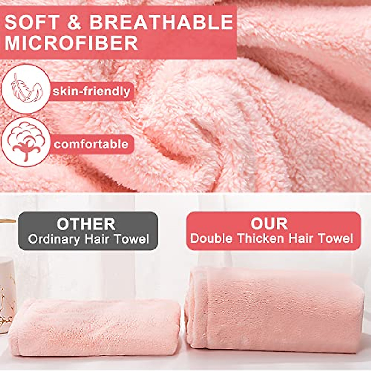 HAOBAOBEI Microfiber Hair Towels, 3-Pack Thickening Absorbent Hair Towels Wrap for Women Anti Frizz, Quick Drying Soft Hair Wraps Turbans (Pink, Blue, Brown)
