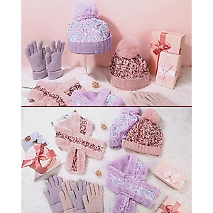 Liitrsh 2 Sets Girl's Winter Knit Hat Scarf Gloves Set Warm Fleece Lined Pom Pom Hat Scarf Gloves for Teens Pink Purple