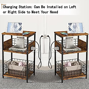 X-cosrack Record Player Stand with Vinyl Record Storage, 3 Tier Side Table with Charging Station & USB Ports, Retro End Table for Living Room Bedroom, Sturdy Wood and Metal Frame, Brown & Black