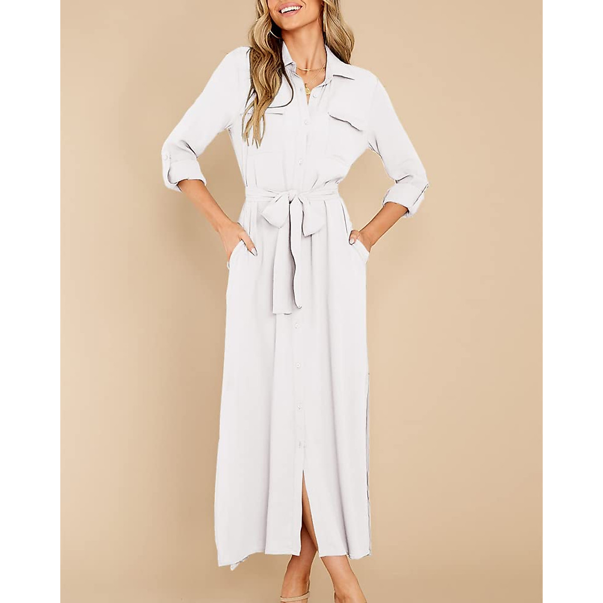 Fekermia Women's Button Down Maxi Shirts Dress- Casual Roll Up Long Sleeve Shirt Dress Slits Dresses White XX-Large