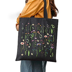 AUSVKAI Cute Canvas Tote Bag Aesthetic For Women College Grocery Bag Cotton Cloth Beach Totes Gift-Black Flowers