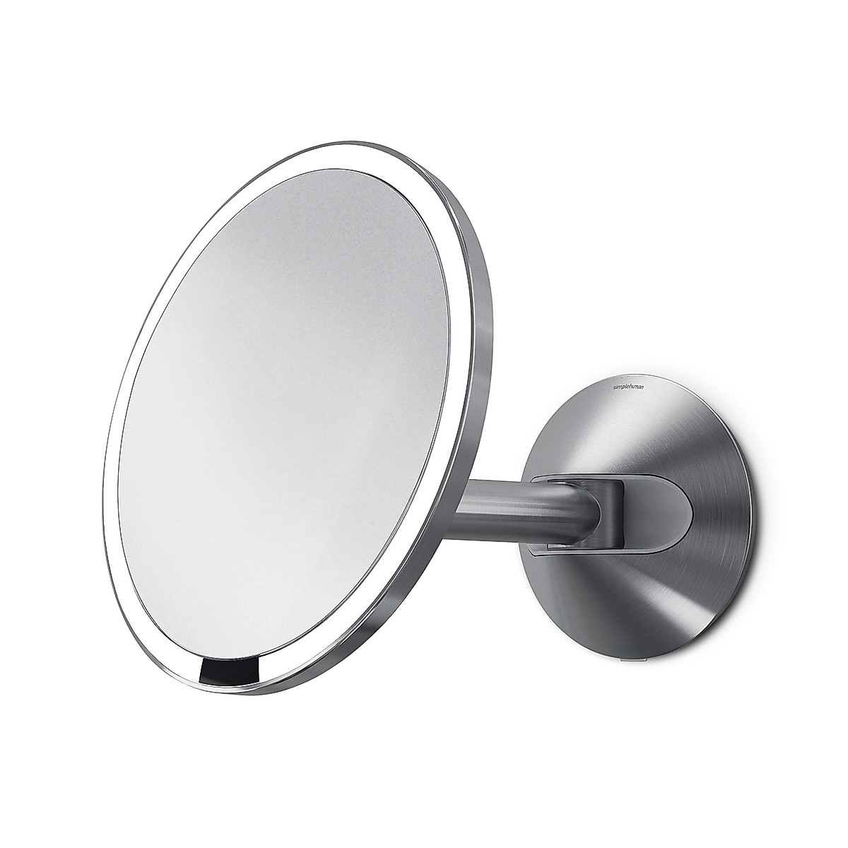 simplehuman, Brushed 8" Round Wall Mount Sensor Makeup Mirror, 5x Magnification, Hard-Wired (100-240v), Stainless Steel, 8"