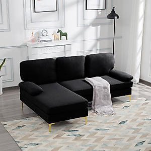 KoiHome 79.5" Left Hand Facing Sectional Sofa Couch with 2 Detachable Armrest Pillows, Modern Fabric 3-seater L Shape Chaise with Gold Metal Legs for Living Room,Apartment,Office, Polyester, Black