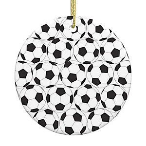 Black and White Soccer Ball Pattern Print Christmas Tree Ceramic Hanging Round Shaped Xmas Tree Pendants Gatherings Party Deco