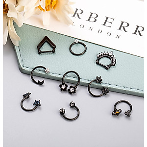 NICEIGHT 9PCS 16G Sugical Steel Horseshoe Septum Rings for Women Cartilage Hoop Helix Tragus Daith Piercing Bee Sunflower Body Jewelry B