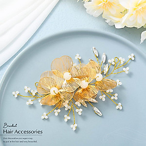 Catery Flower Bride Wedding Hair Vine Gold Floral Headband Pearl Bridal Headpiece Head Piece Hair Band Hair Accessories for Women and Girls