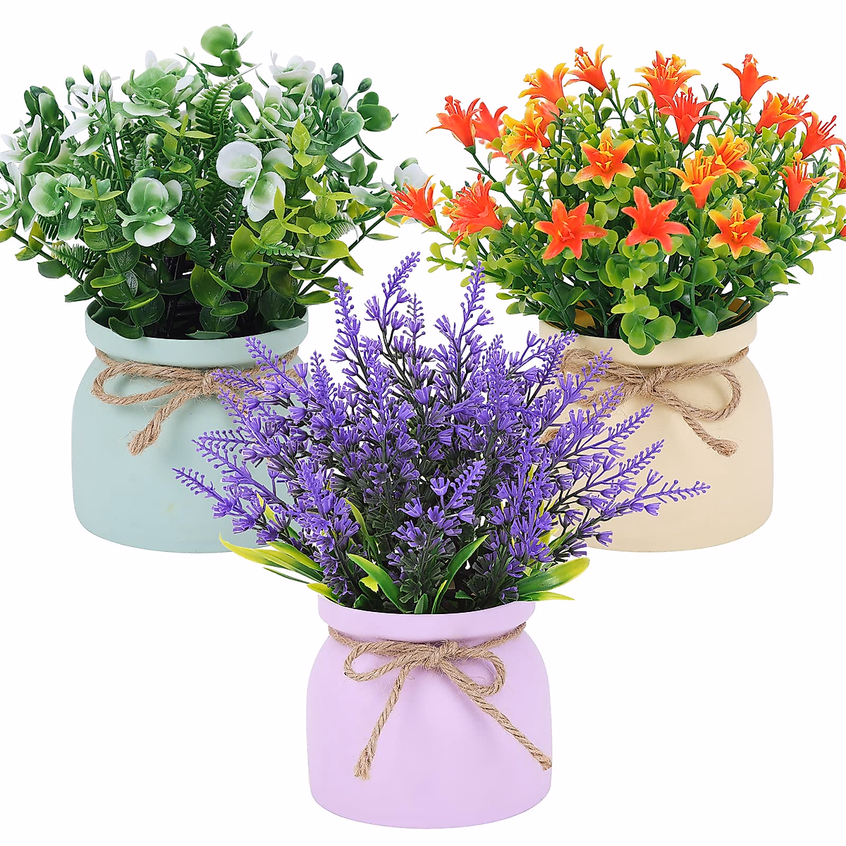CEWOR Small Artificial Plants, 3 Pack Fake Potted Plants, Small Flowers Artificial Lavender Eucalyptus Boxwood in Plastic Macaron Pots for Home Decor Indoor Outdoor