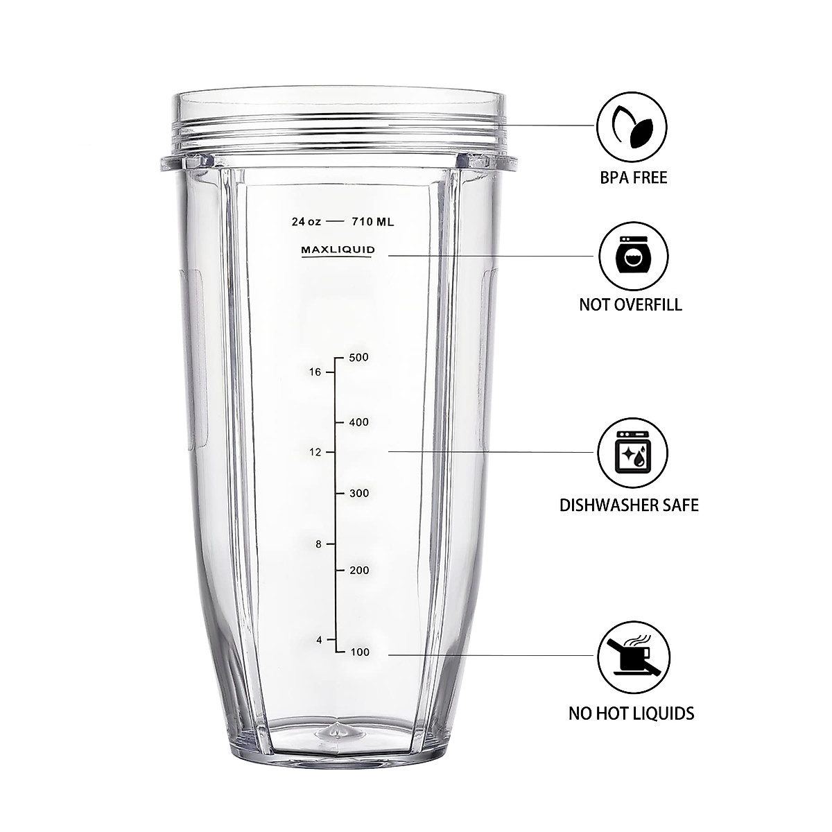 [Upgraded] Replacement 24oz Nutri Ninja Blender Cup, 24oz Cups with 7 Fins Replacement Extractor Blade Parts fit Ninja Auto iQ BL682-30 BL642-30 BL450-30 BL455-30 BL456-30 BL482-30 BL687CO-30 etc.