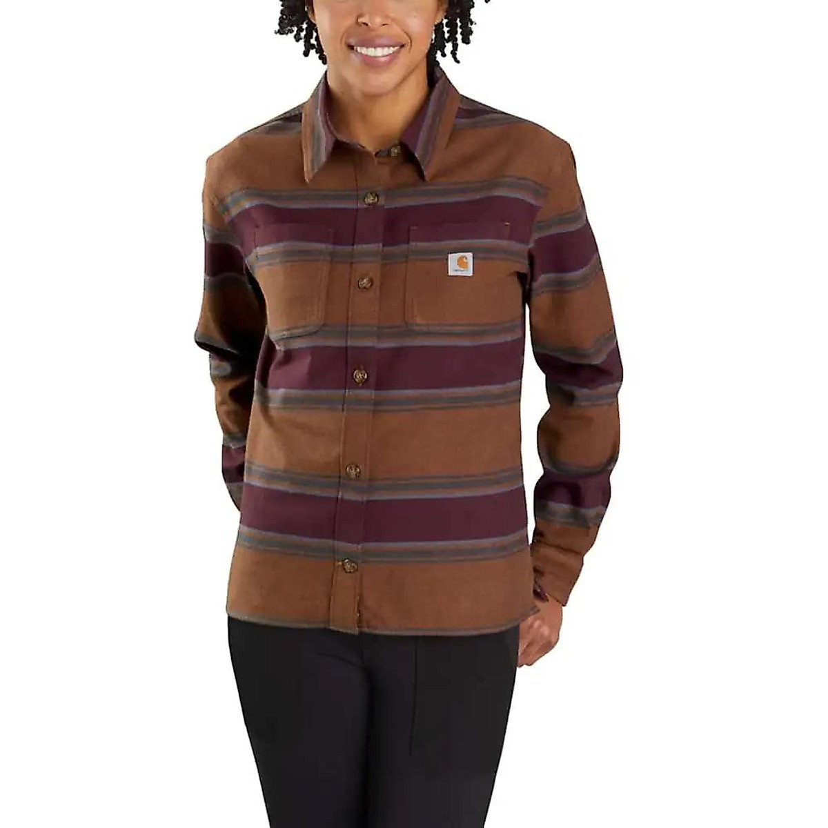 Carhartt Women's Rugged Flex Loose Fit Midweight Flannel Long-Sleeve Plaid Shirt, Brown Stripe, Small