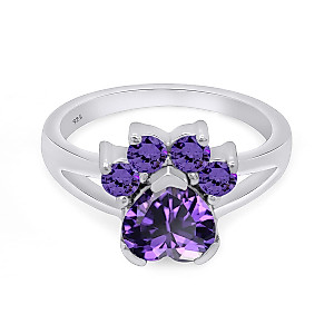 Wishrocks Heart & Round Cut Simulated Amethyst Paw Print Ring Jewelry For Women In 14k White Gold Over Sterling Silver Ring Size- 14