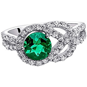 PEORA Simulated Emerald Ring in Sterling Silver, Infinity Knot Design, Round Shape, 6mm, 0.75 Carat Total, Comfort Fit, Size 8