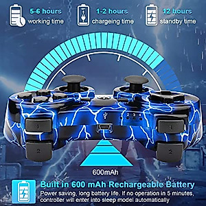 OUBANG 2 Pack Remotes Work with PS3 Controller Wireless, Cool Blue Gamepad Compatible with Playstation 3 Controller, Wireless Game Control for PS3 with Upgraded Joystick, Pa3 Controllers for PS3 Gift